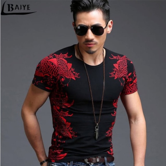 BAIYE | Shirts | Nwt Mens Casual T Shirts Oneck Black And Red Coy Fish ...